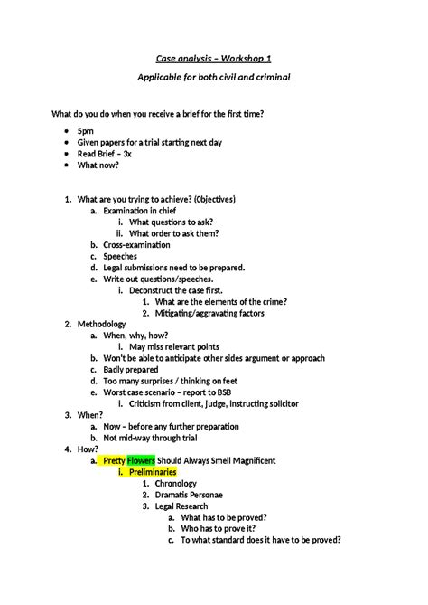 Case Analysis Structure Case Analysis Workshop 1 Applicable For Both Civil And Criminal What
