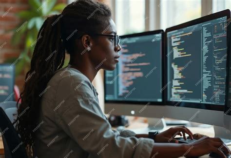 Side View Of Young African American Female Software Developer Coding On