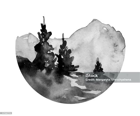 白い背景に松の木と黒い風景を持つ山々水彩画の手描きロッキーはグラフィックスタイルでピークに達します かすみのベクターアート素材や画像を多数