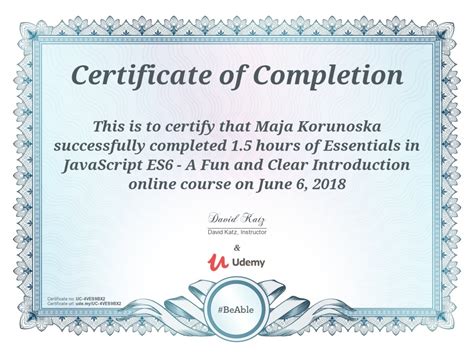 Completion Certificate For Essentials In Javascript Es6 A Fun And Clear Maja Ibrovikj