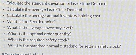 Solved Calculate The Standard Deviation Of Lead Time