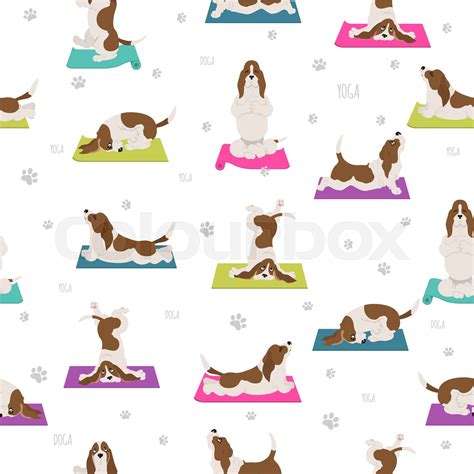 Yoga Dogs Poses And Exercises Basset Hound Seamless Pattern Stock