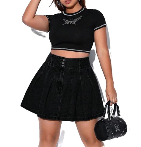 Plain Pleated Skirt Black Plus Size Denim Skirts