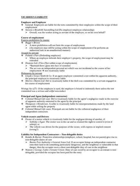 Law Of Torts Vicarious Liability Pdf Legal Liability Vicarious