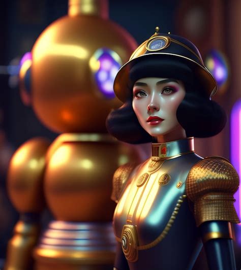 Premium Ai Image A Woman With A Helmet And A Gold Dress Stands In Front Of A Robot
