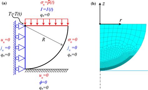 a boundary conditions for tem problem and b axisymmetric fe mesh due