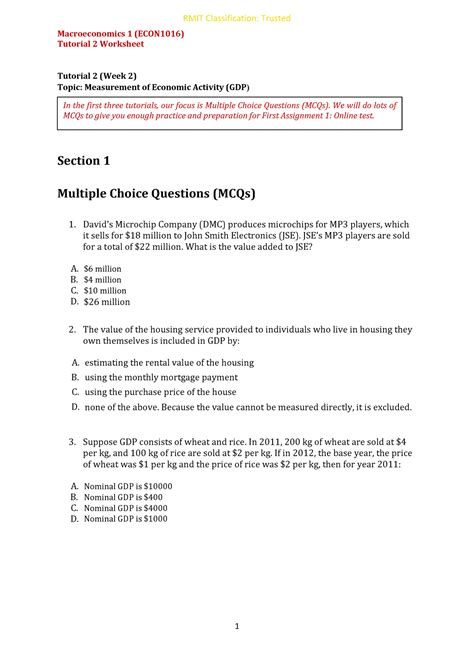 Macro 1 ECON1016 Tutorial Worksheet Week 2 1 Macroeconomics 1