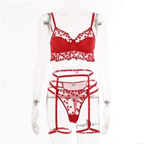 Sexy bordado amor corazón malla sujetador Panty liguero conjunto de piezas elasticidad exótica