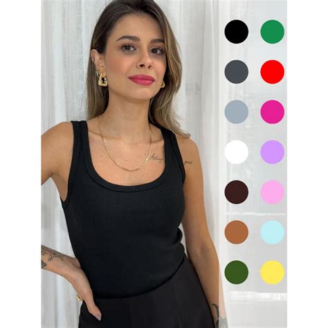 Regata Ribana Feminina Blusinha de Alça Canelada Blogueirinha Bicolor