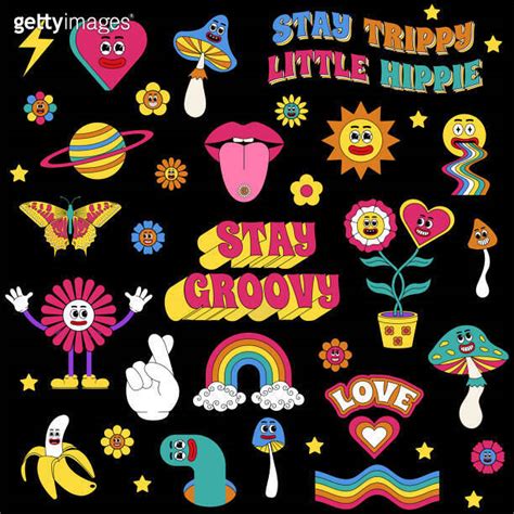 Groovy Set Groovy Hippie 70s Set Sticker Pack In Trendy Retro