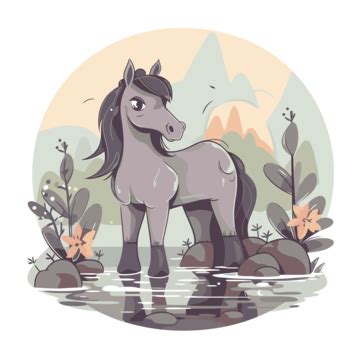 귀여운 말 벡터 스티커 클립 아트 물 만화에서 자연에서 귀여운 말 그림 상표 클립 아트 PNG 일러스트 및 벡터 에 대한