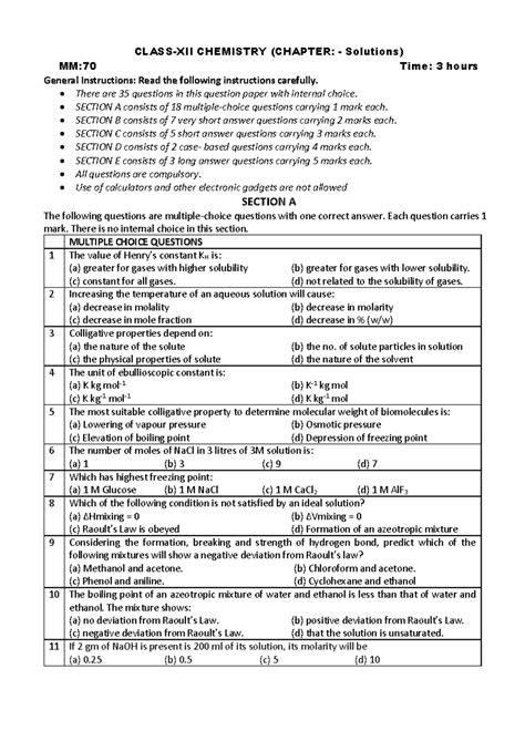 1 Qp Solution Notes Class Xii Chemistry Chapter Solutions Mm