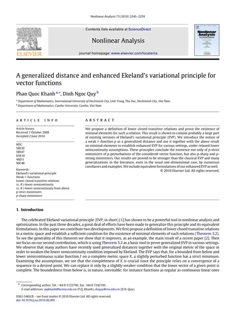 Pdf A Generalized Distance And Enhanced Ekelands Variational Principle For Vector Functions