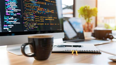 A Workstation With A Coding Display And Coffee Cup During A Productive