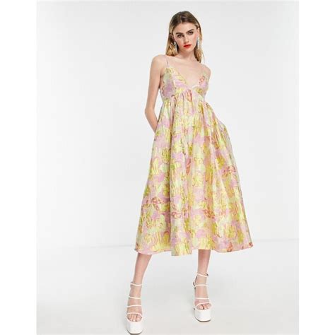 Asos Edition Vestito Midi Con Spalline Sottili A Balze Jacquard Fluo