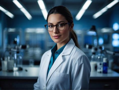 Premium Photo Young Woman Scientist Wearing White Coat And Glasses In