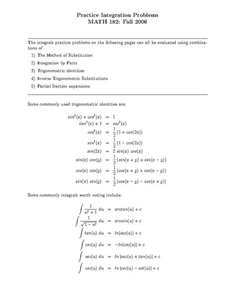 Integration Problems Practice Integration Problems Math 182