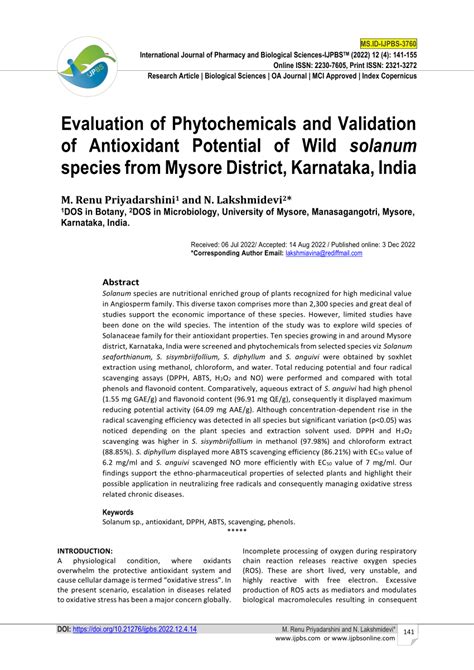 Pdf Evaluation Of Phytochemicals And Validation Of Antioxidant