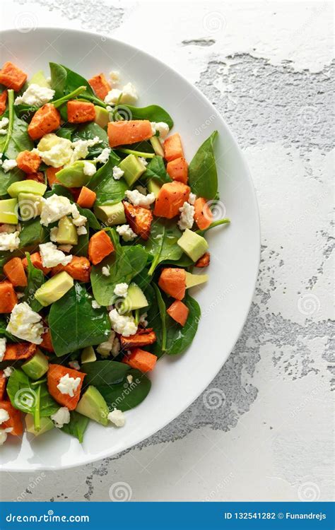 Avocado Roasted Sweet Potato Spinach Feta Cheese Healthy Salad In