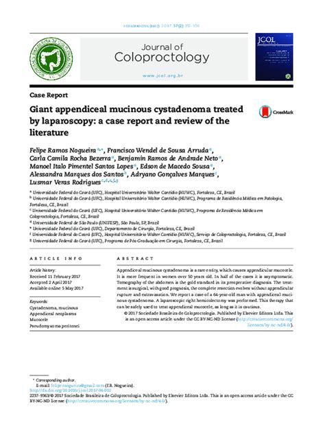 Pdf Giant Appendiceal Mucinous Cystadenoma Treated By Laparoscopy A Case Report And Review Of