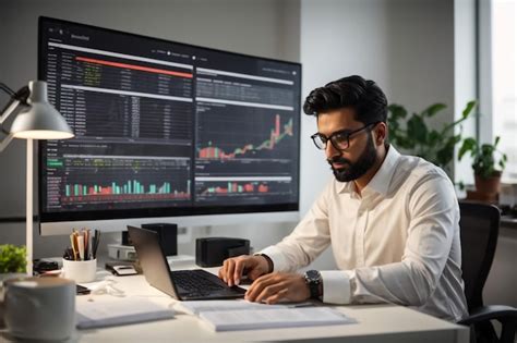 Premium Photo Workplace Of Trader Young Bearded Trader Wearing