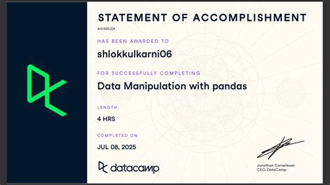 🧠 Just Completed The Data Manipulation With Pandas” Course By Datacamp Pratham Kulkarni