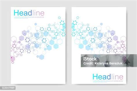 과학 브로셔 디자인 템플릿 벡터 전단지 레이아웃 연결된 선과 점이있는 분자 구조 잡지 전단지 표지 포스터 디자인을위한 요소와 과학 패턴 원자 Dna Dna에 대한 스톡 벡터