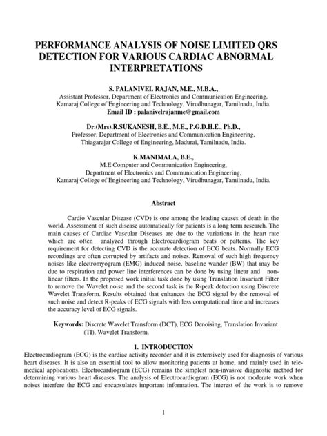 Performance Analysis Of Noise Limited Qrs Detection For Various Cardiac Abnormal Interpretations