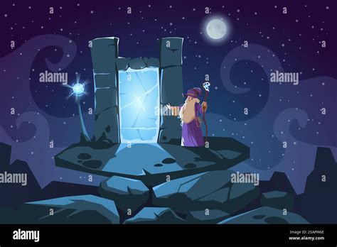 Wizard And Portal Scene Cartoon Fantasy Background With Magician And Shiny Stone Teleportation