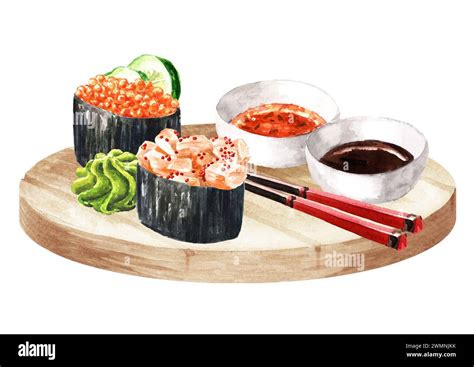 Japanese Gunkans Maki Sushi With Spicy Sauce Hand Drawn Watercolor