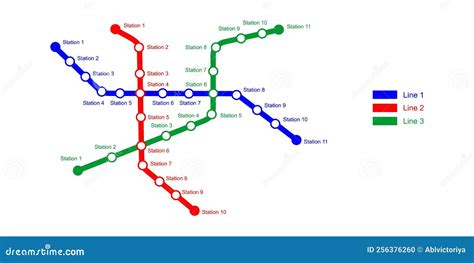 metro map template subway scheme with 3 colored way lines with