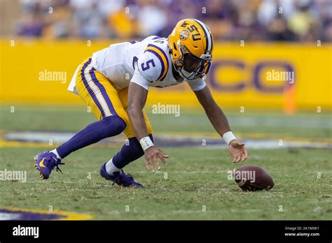 LSU Tigers Quarterback Jayden Daniels 5 Falls On A Loose Ball Against