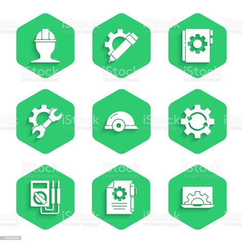 작업자 안전 헬멧 문서 설정 및 펜 노트북 기어 기어 화살표를 워크플로우 멀티미터 렌치 스패너 사용자 설명서 및 아이콘으로 설정합니다 벡터 건설 산업에 대한 스톡 벡터 아트