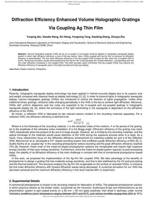 Pdf Diffraction Efficiency Enhanced Volume Holographic Gratings Via Coupling Ag Thin Film