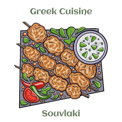 Tzatziki 소스와 신선한 야채 구운 케밥 격리 된 벡터 일러스트와 함께 그리스 치킨 수 블라 키 프리미엄 벡터