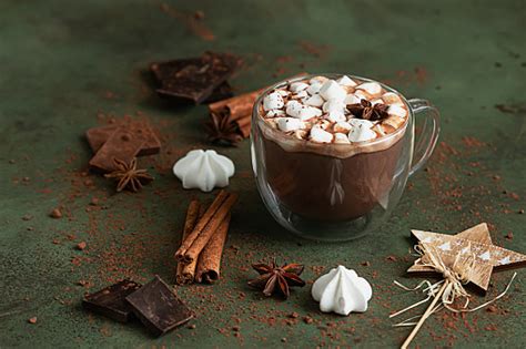 마시멜로와 아니스 스타 녹색 콘크리트 배경에 초콜릿 머랭 향신료조각이 있는 핫 초콜릿 또는 코코아 컵 전통적인 겨울 음료 가을에 대한 스톡 사진 및 기타 이미지 Istock