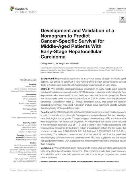 Pdf Development And Validation Of A Nomogram To Predict Cancer Specific Survival For Middle
