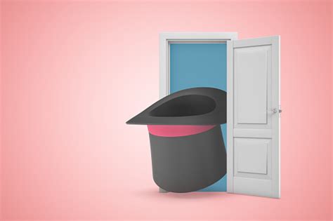 밝은 분홍색 배경에 검은 색 상단 모자가있는 흰색 열린 출입구의 3d 렌더링 0명에 대한 스톡 사진 및 기타 이미지 0명