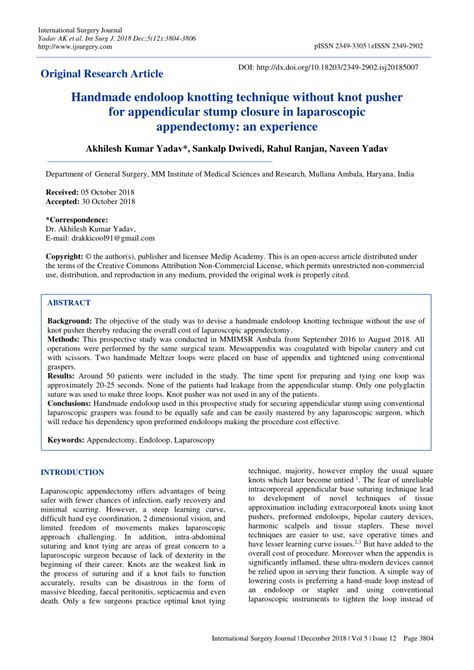 Pdf Handmade Endoloop Knotting Technique Without Knot Pusher For Appendicular Stump Closure In
