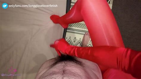 POV Dominated By Sexy Red Opera Satin Glove Handjob With Red Shiny