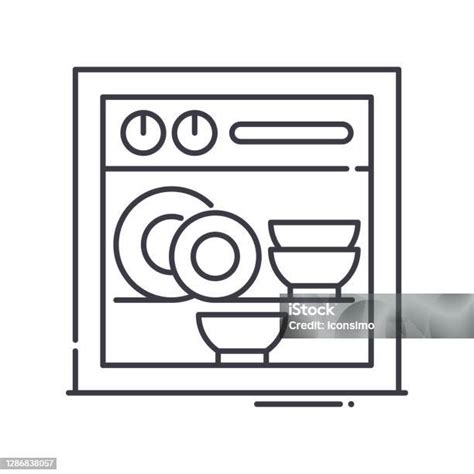 접시 와셔 아이콘 선형 절연 일러스트레이션 얇은 선 벡터 웹 디자인 기호 흰색 배경에 편집 가능한 스트로크와 개요 개념 기호 가사 집안일에 대한 스톡 벡터 아트 및 기타