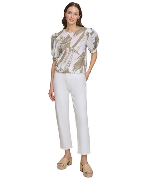 Dkny Womens Voile Printed Puff Shoulder Woven Crewneck Top Macys