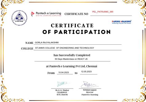 Gorla Rajyalakshmi On Linkedin Reactjs Certificate Pantechelearning