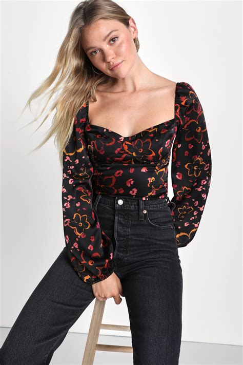 Black Floral Print Top Satin Bustier Top Balloon Sleeve Top Lulus