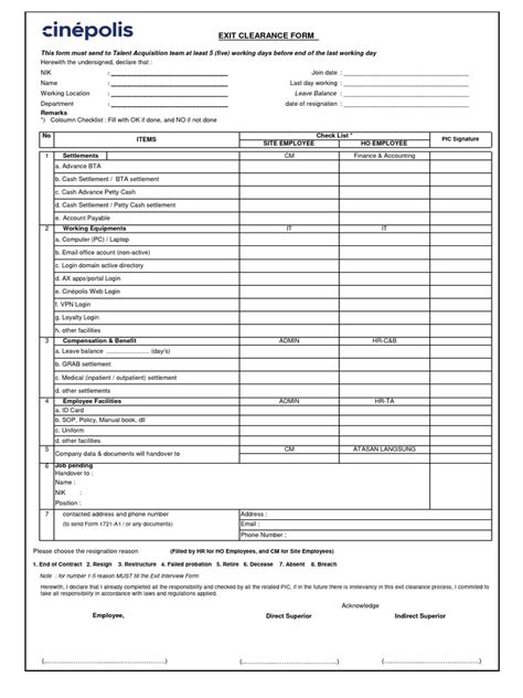 Exit Clearance Form Pdf Computing Business