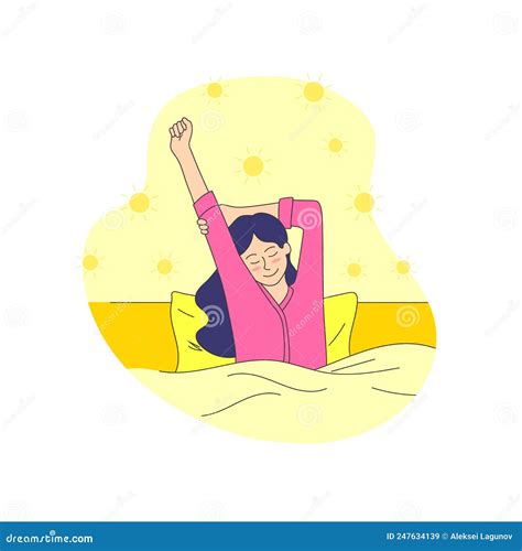 Vector Cartoon Waking Up Girl In Bright Pink Pajamas Smiling Fresh
