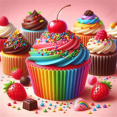재미있는 축제 축하 행사에 딱 맞는 스프링클과 베리를 곁들인 화려한 무지개 컵케이크 무지개 컵케익 화려한 파티 컵케이크 배경 일러스트 및 사진 무료 다운로드 Pngtree