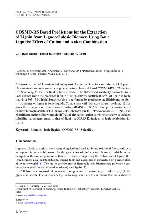 Pdf Cosmo Rs Based Predictions For The Extraction Of Lignin From Lignocellulosic Biomass Using