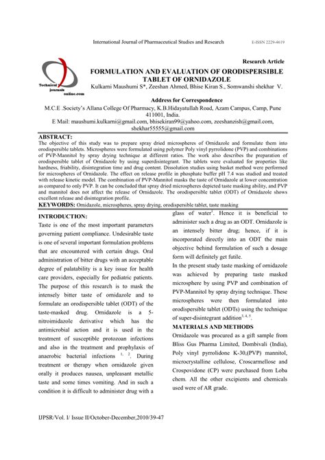Pdf Formulation And Evaluation Of Orodispersible Tablet Of Ornidazole