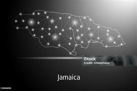 추상 매시 라인과 포인트 스케일은 자메이카의지도가 있는 어두운 그라디언트 배경에 있습니다 3d 메쉬 폴리곤 네트워크 연결 0명에 대한 스톡 벡터 아트 및 기타 이미지